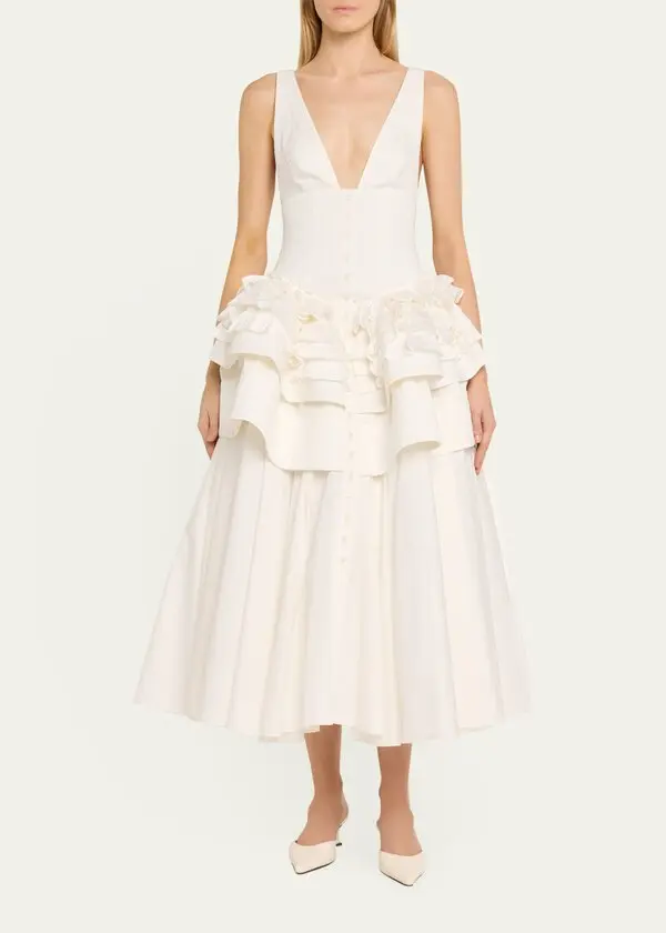 Christopher John Rogers Tiered Ruffle Peplum Midi Dress