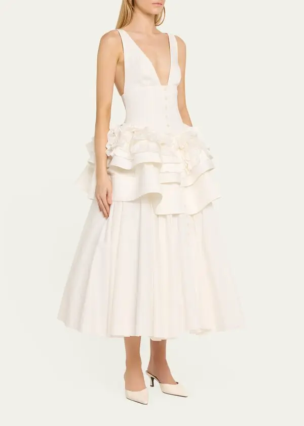 Christopher John Rogers Tiered Ruffle Peplum Midi Dress