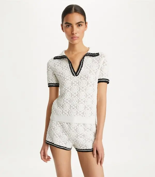 Tory Burch Cotton Pointelle Knitted Polo Shirt