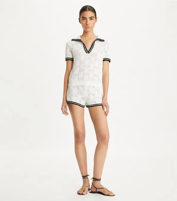 Tory Burch Cotton Pointelle Knitted Polo Shirt