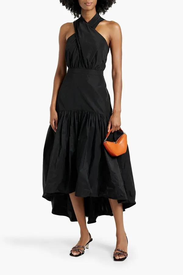 black shimmery mini dress Pleated Off Shoulder Bubble Hem Strapless Sequin M / Black Black Side Tie Cotton RD-03.09.26 Select Your Size by Height:Doctoral Gown - 6'0