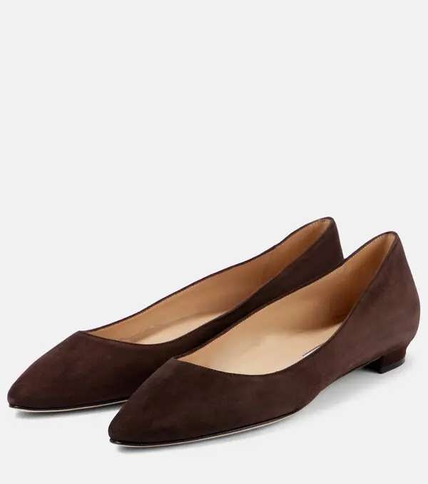 Manolo Blahnik Suede Pointed Toe Ballet Flats - Brown