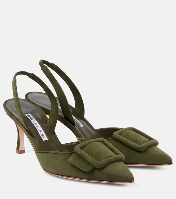 Manolo Blahnik Maysli Suede Slingback Pumps - Green