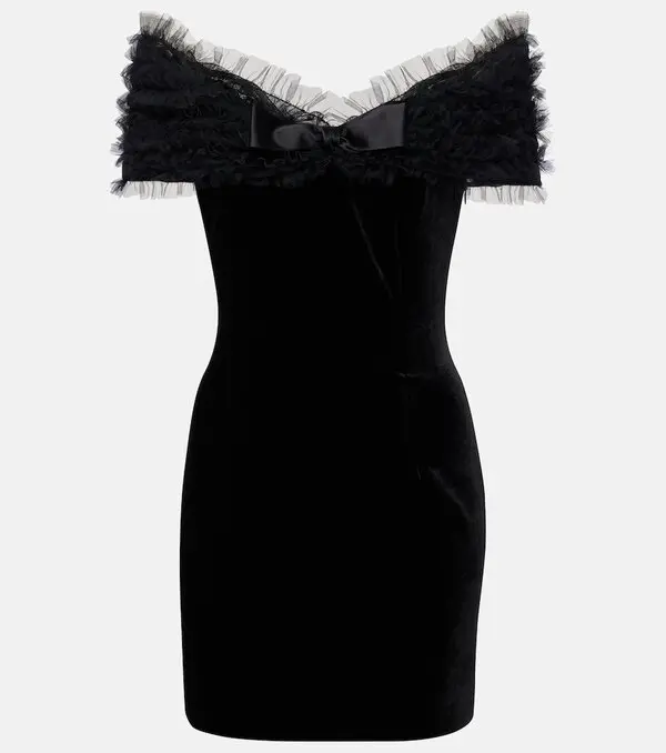 Alessandra Rich Off-shoulder Velvet And Tulle Minidress - Black