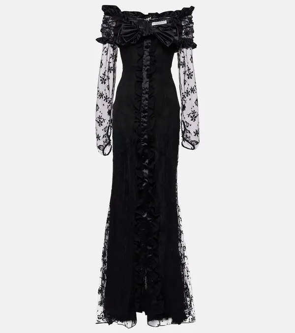 Alessandra Rich Bow-detailed Ruffled Lace Gown - Black
