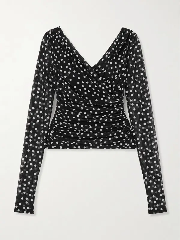 Dolce & Gabbana Ruched Wrap-effect Polka-dot Tulle Blouse - Black
