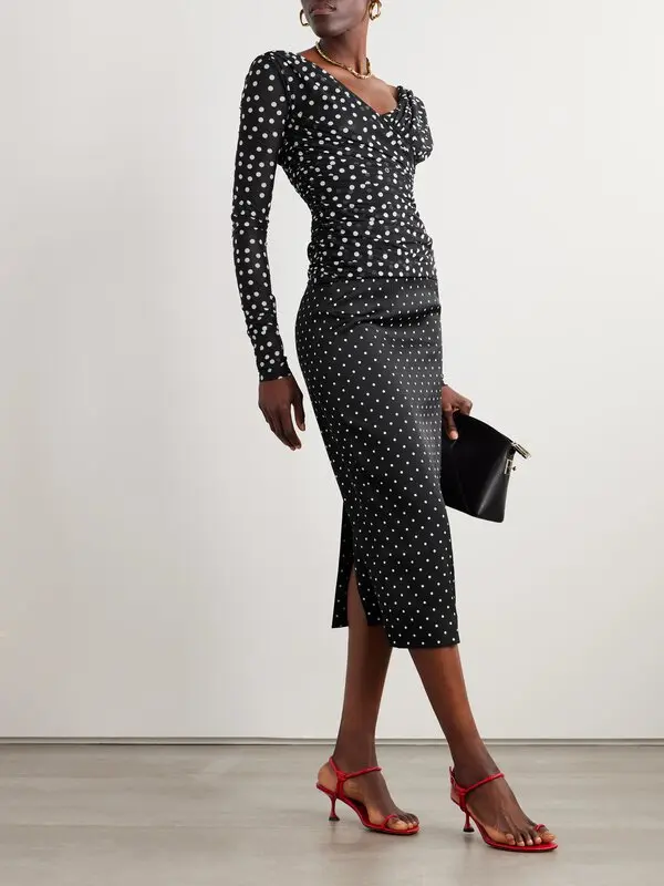 Dolce & Gabbana Ruched Wrap-effect Polka-dot Tulle Blouse - Black