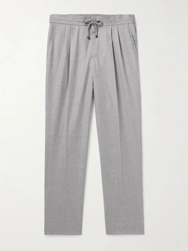 Brunello Cucinelli Tapered Pleated Virgin Wool-flannel Drawstring Trousers - Gray