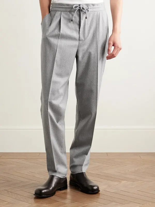 Brunello Cucinelli Tapered Pleated Virgin Wool-flannel Drawstring Trousers - Gray