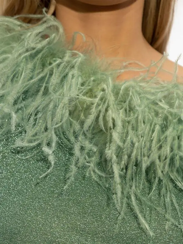 Oseree Feather-trimmed Gown - Green