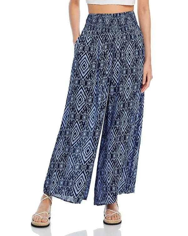 Aqua Ikat Print Smocked Waist Pants - Eclipse