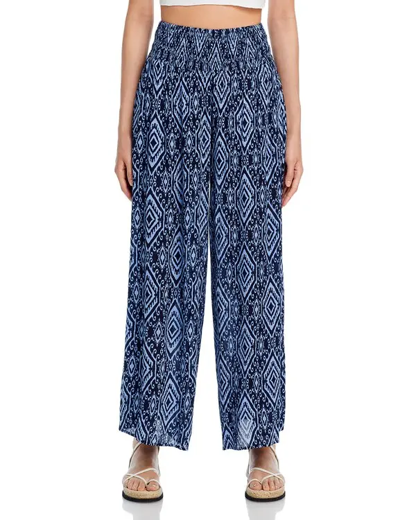 Aqua Ikat Print Smocked Waist Pants - Eclipse
