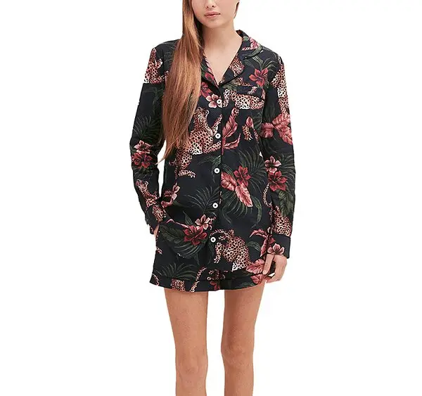 Desmond & Dempsey Soleia Print Long Sleeve Pajama Set - Navy