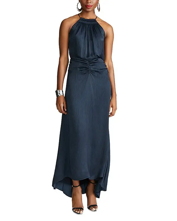 Halston Satin Asymmetrical Halter Gown In Navy - 30% Off | Editorialist