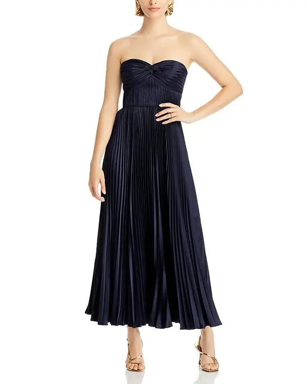 AMUR Ruched Bustier Pleated Dress - Navy