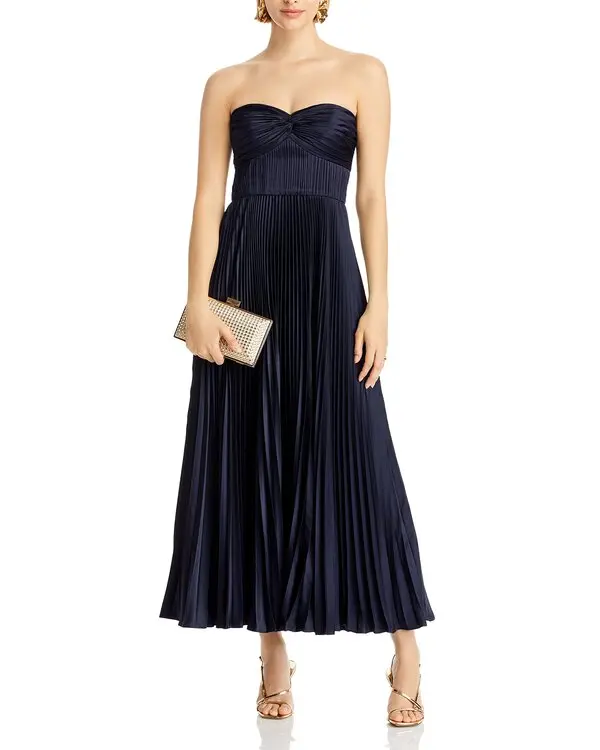 AMUR Ruched Bustier Pleated Dress - Navy