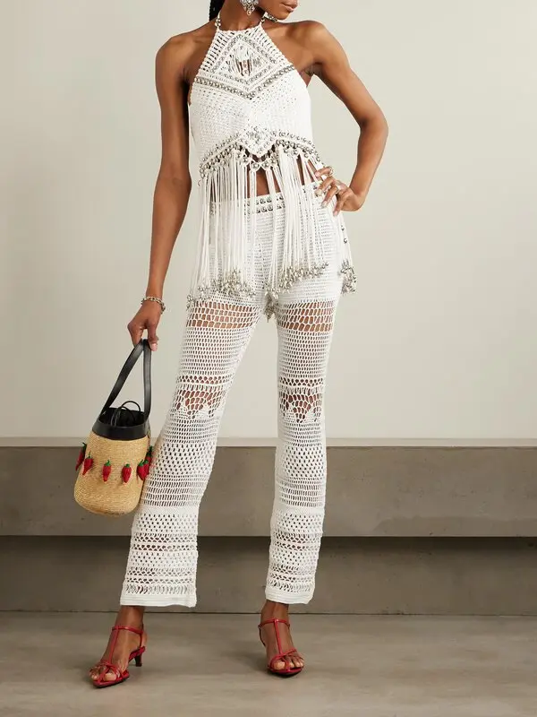 Rabanne Embellished Crocheted Straight-leg Pants - White