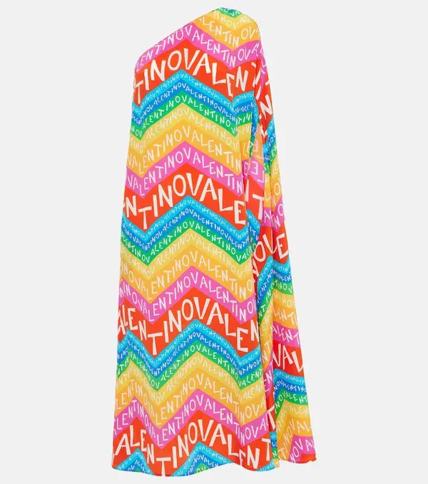 Valentino Garavani Logo One-shoulder Silk Midi Dress - Multicoloured