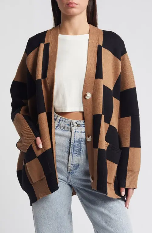 DRESSED IN LALA Oversized Checkered Cardigan - Black And Latte