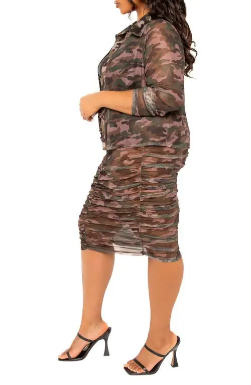 BUXOM COUTURE Camo Semisheer Mesh Shirt And Skirt Set