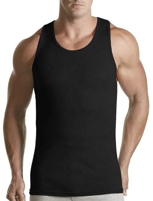 HARBOR BAY BY DXL 3-pack Ribbed Cotton Tank Undershirts - Black