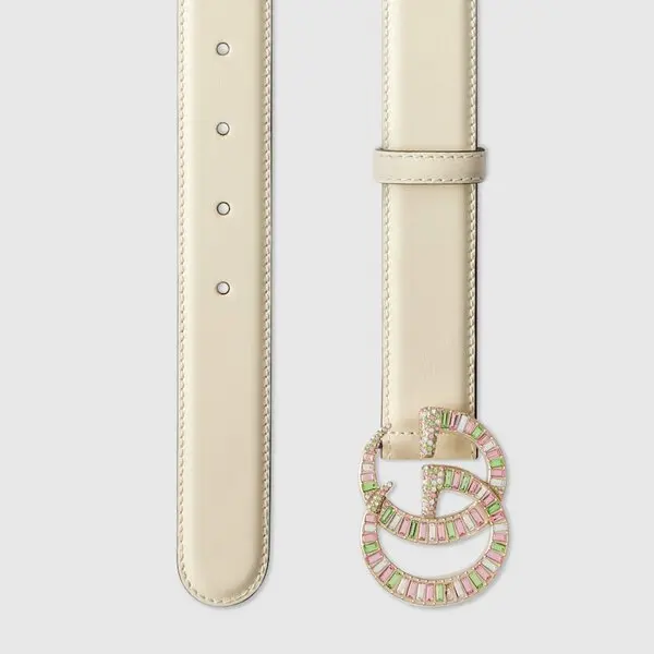 Gucci Ivory Belt with Pearl-Studded Gold Buckle Gucci Cream Leather GG Marmont Pearl Embellished Buckle Belt  main image 3
