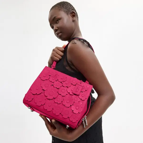 Coach Rogue Bag 25 With Tea Rose Appliqu In Silver/Dragonfruit