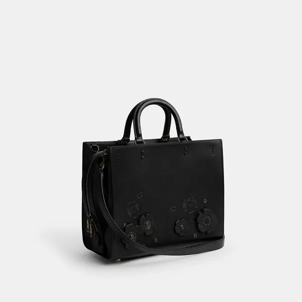 Coach Rogue Bag With Tea Rose Applique In Matte Black/Black - 30 