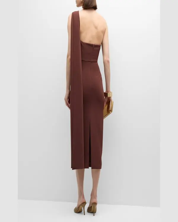 Roland Mouret Asymmetric Drape Heavy Cady Midi Dress - Brown | Editorialist
