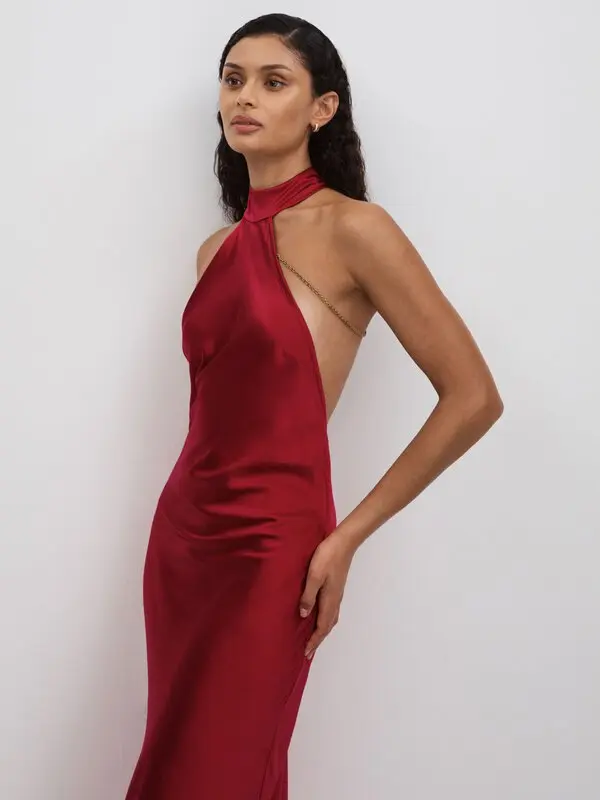 open lace back dress Elyna Slinky Halter Maxi Dress / Deep Red | Meshki