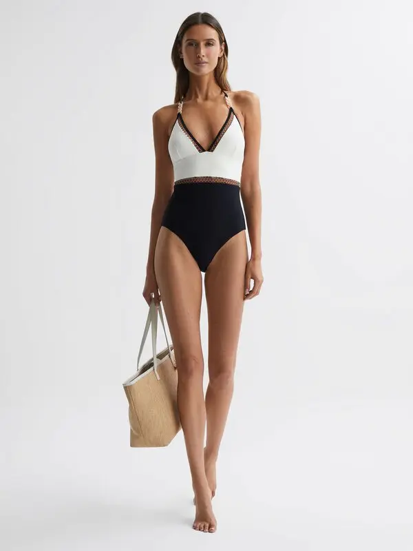 REISS Colourblock Halter Swimsuit - White/black