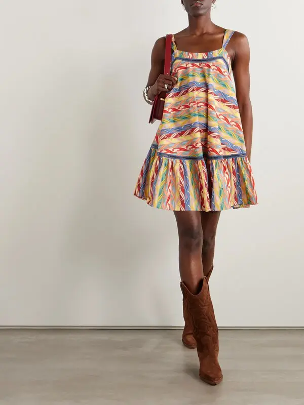 Embroidered Tiered Printed Cotton-blend Poplin Mini Dress