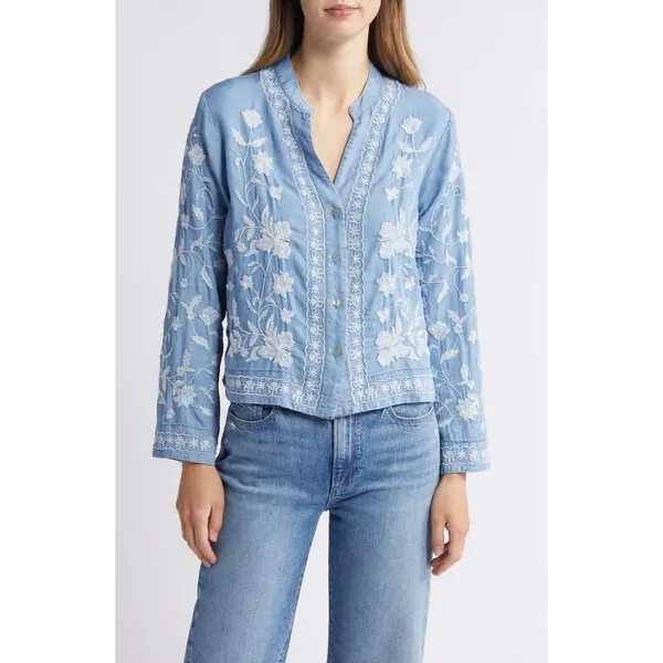 NIKKI LUND Madison Floral Embroidered Chambray Shirt - Blue