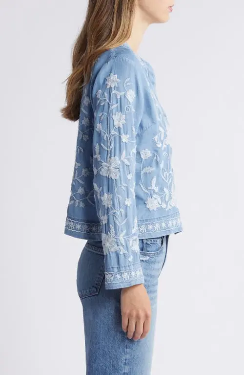NIKKI LUND Madison Floral Embroidered Chambray Shirt - Blue