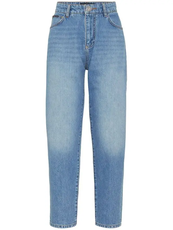 Philipp Plein Logo-appliqué High-rise Tapered Jeans - Blue