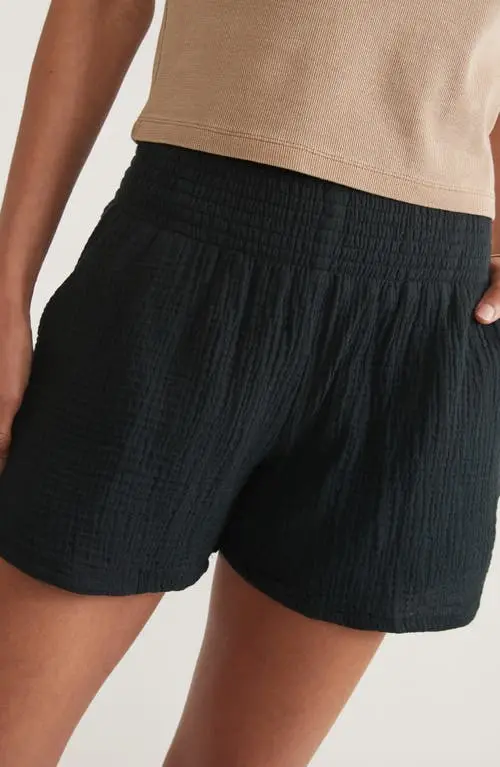 Marine Layer Corinne Smocked Double Cloth Cotton Shorts - Black