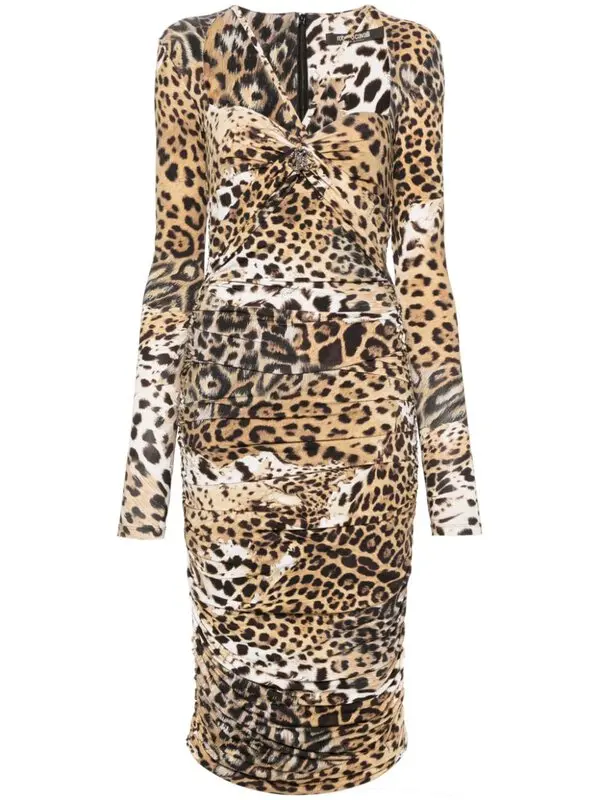 Roberto Cavalli Jaguar Skin-print Ruched Dress - Neutrals