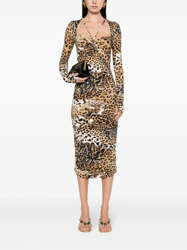 Roberto Cavalli Jaguar Skin-print Ruched Dress - Neutrals