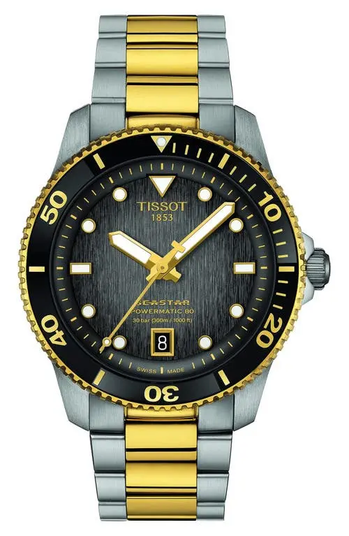 TISSOT Seastar 1000 Powermatic 80 Bracelet Watch - Black/ Yellow Gold/ Silver