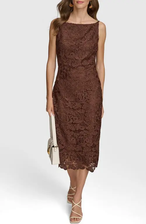 Donna Karan New York Embroidered Lace Midi Sheath Dress In Canyon - 50% Off  | Editorialist