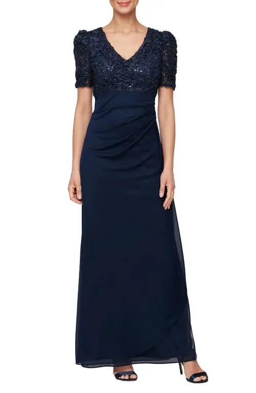 Alex Evenings Embellished Empire Waist Gown - Navy