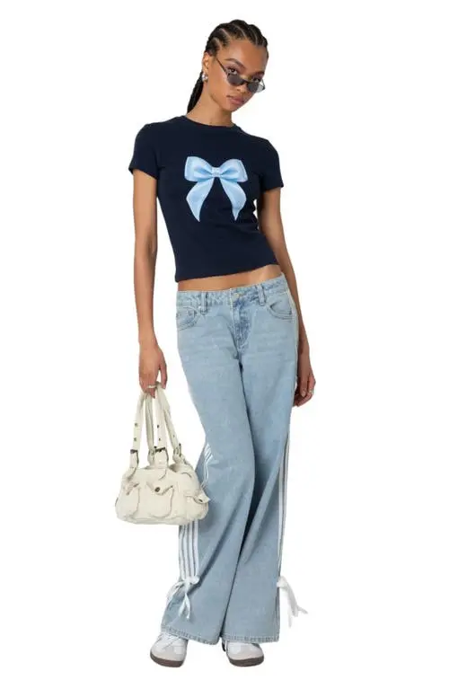 EDIKTED Ribbon Stripe Baggy Low Rise Jeans - Light-blue