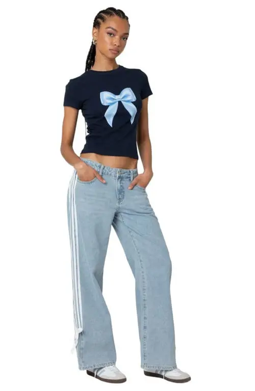 EDIKTED Ribbon Stripe Baggy Low Rise Jeans - Light-blue