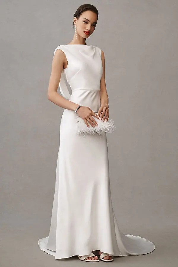 Jenny Yoo Nessa High-Neck Open-Back Satin Wedding Gown Ivory