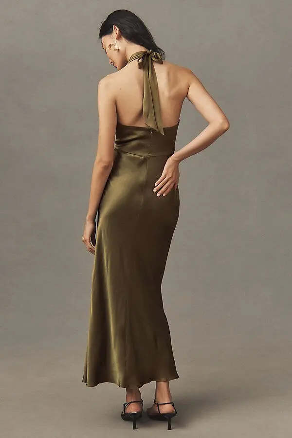 slim fit dress slacks La Lune Plunged Halter Midi Dress | Lemon | Dresses main image 0