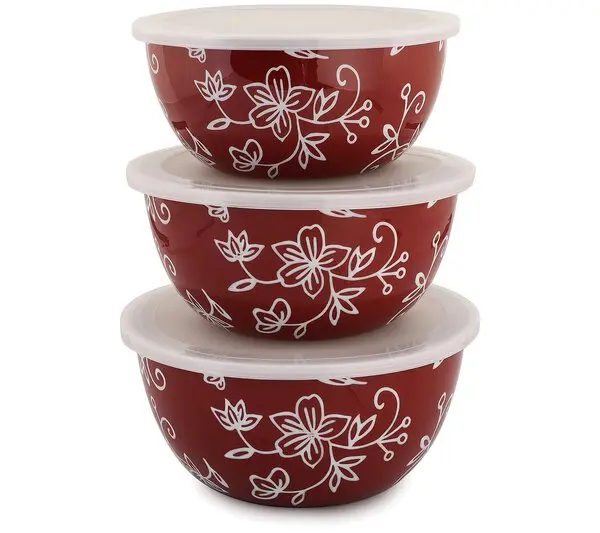 TEMP-TATIONS Floral Lace S/3 Stainless Steel Bowls W/ Lids - Silver
