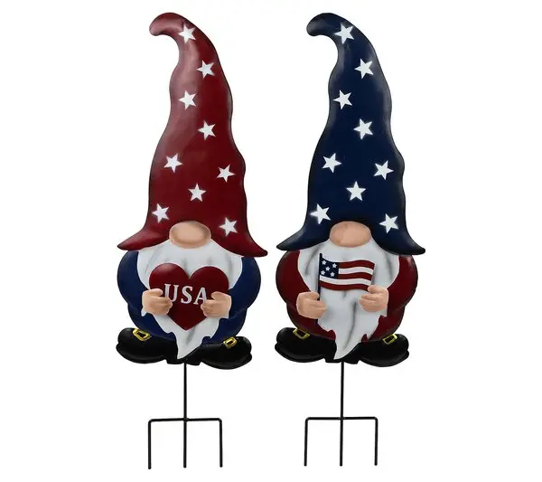 NORTHLIGHT S/2 Patriotic Gnome Outdoor Ga Den Stakes - One-color