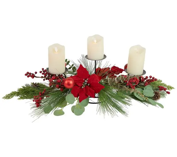 NORTHLIGHT 32' Candle Holder With Red Berry & P Insettia Decor - One-color