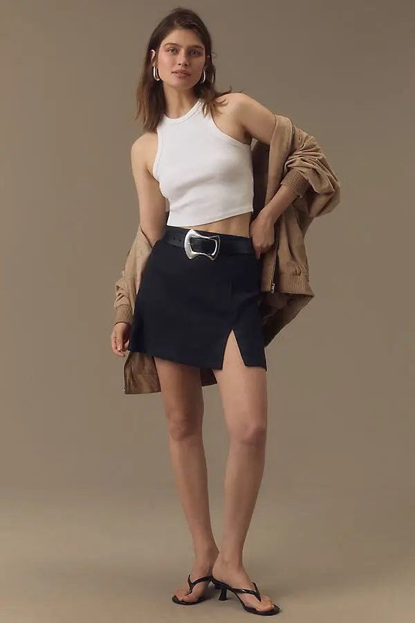 Maeve European Linen Stretch Side Slit Mini Skirt - Black