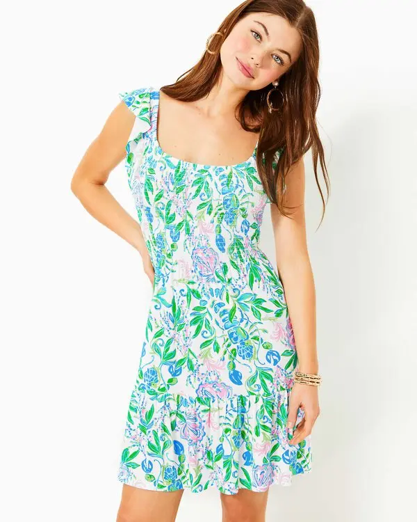 Lilly Pulitzer® Jilly Smocked Fit-and-flare Dress - Resort White Just A Pinch